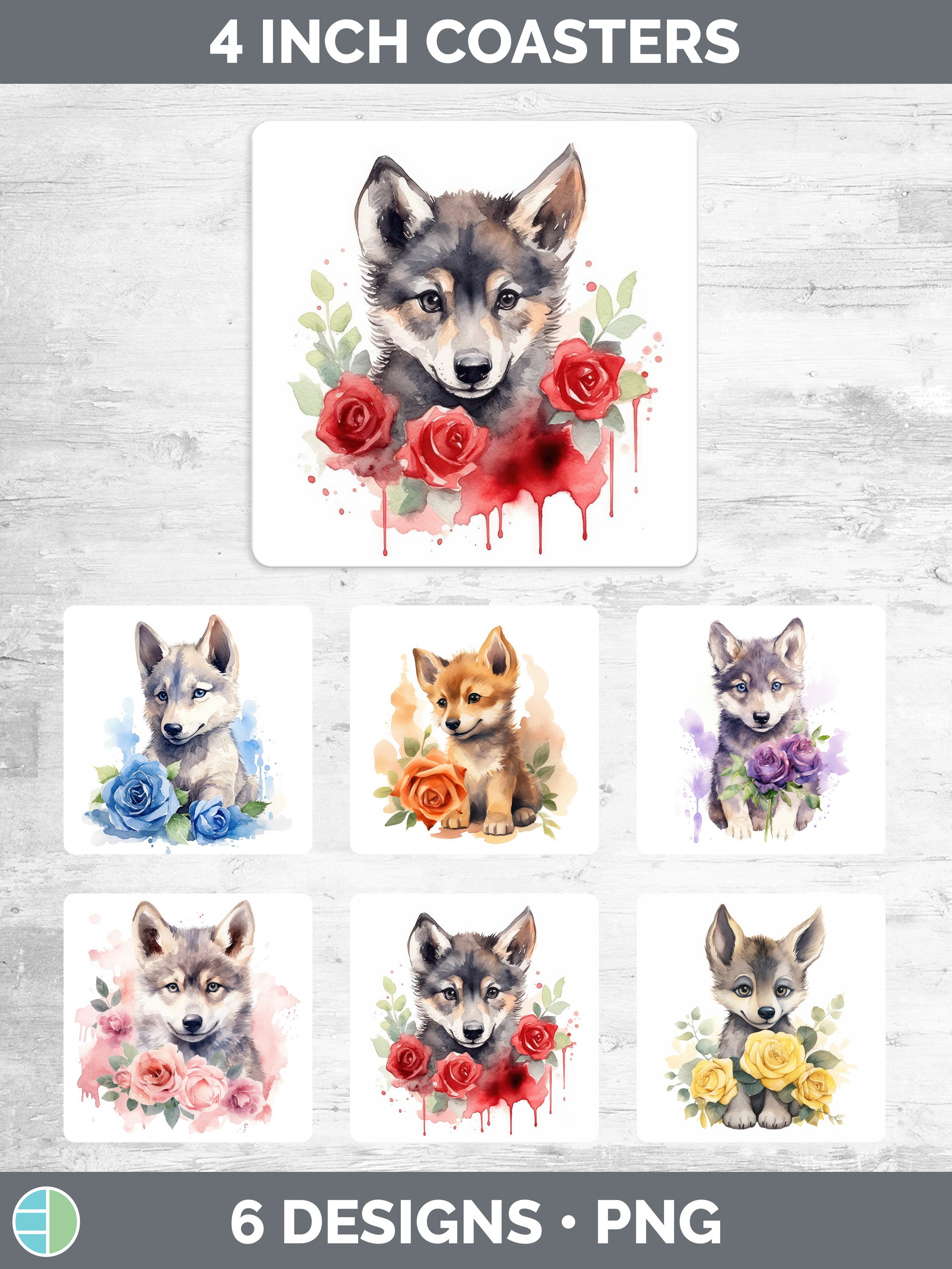 Watercolor Wolf Square Coaster | Sublimation Coaster Designs
