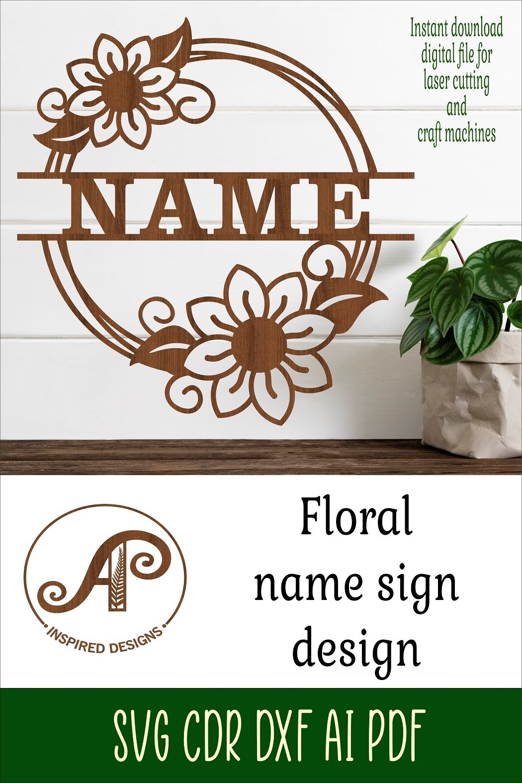 Flower wreath Name sign svg laser cut template