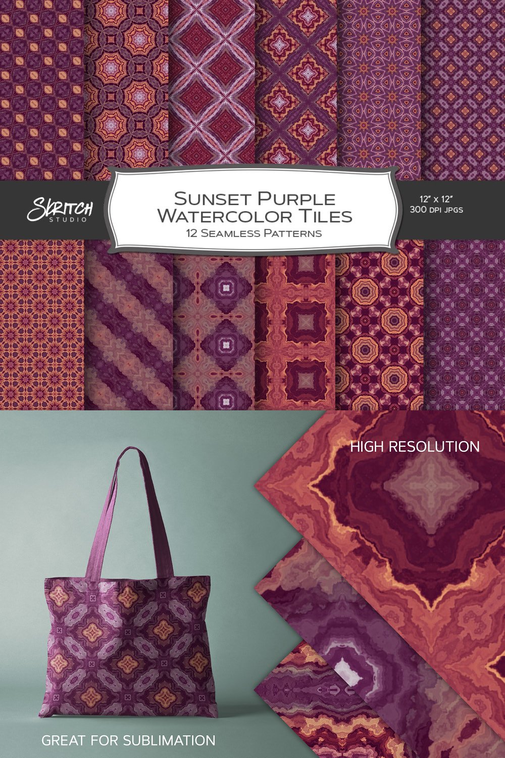 Sunset Purple Watercolor Tiles - 12 Seamless Digital Papers