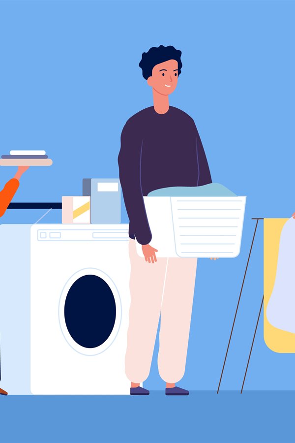 Housework. Mom with children cleaning and washing, ironing.