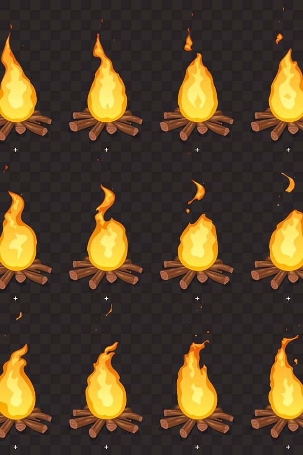 Burning bonfire animation. Hot fire, outdoor campfire and bo