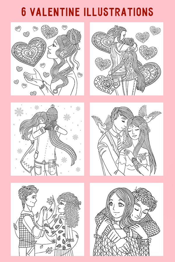 Valentine Day illustrations. Lovely coloring pages PNG
