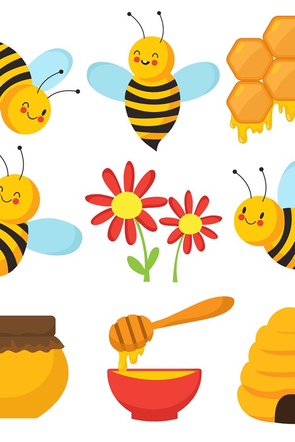 Cartoon bee. Cute bees, flowers and honey. Isolated vector c