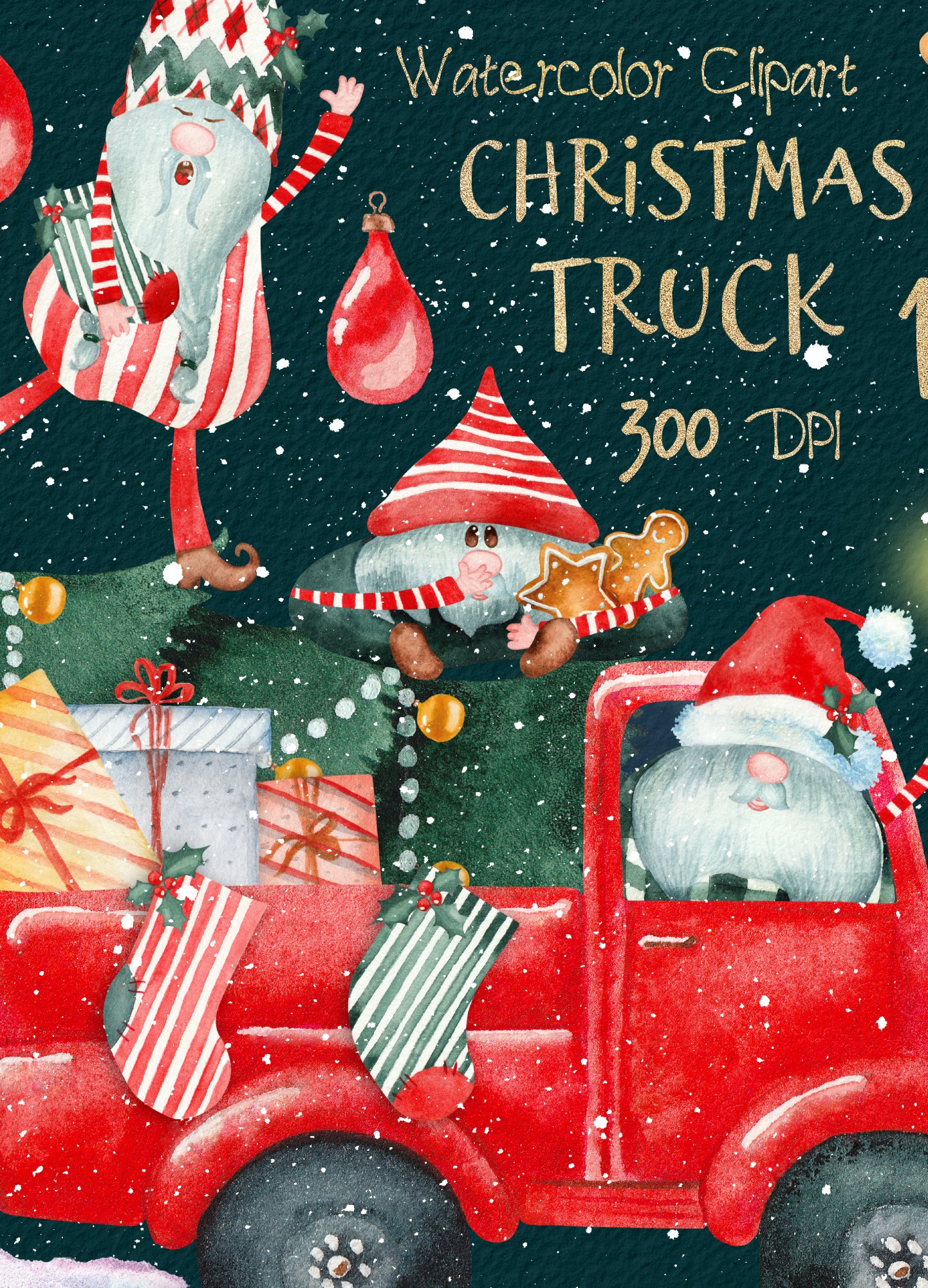 Watercolor Christmas Clipart, Watercolor Red Truck Clipart