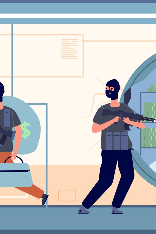 Bank robbery. Banking robbers with money. Cartoon thieves, f