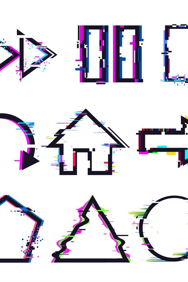 Glitch buttons. Music and game control icons with distorted