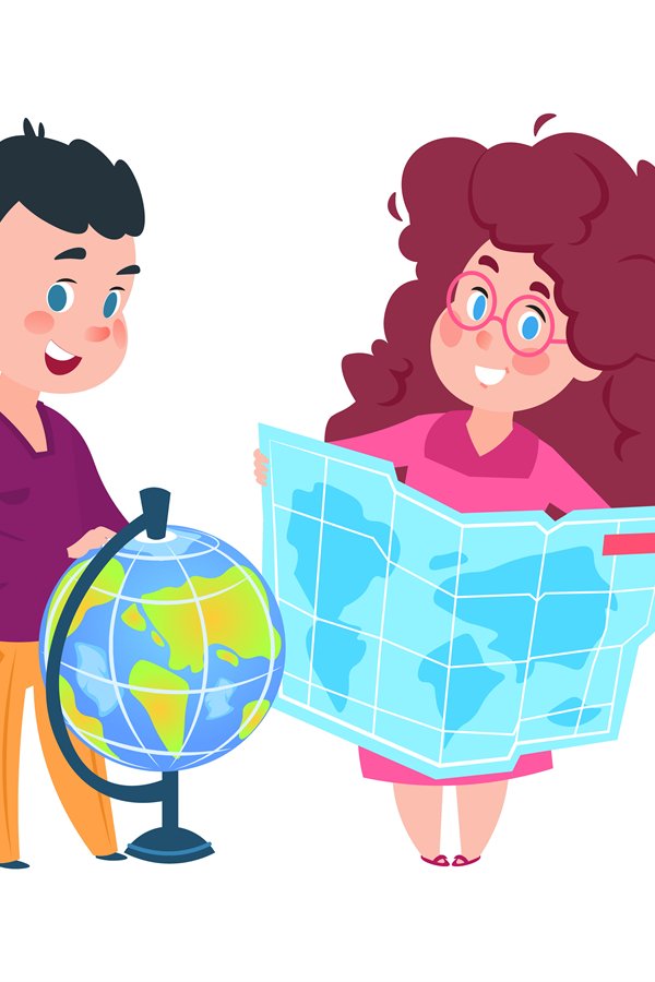 Geography lesson. Cute girl with map and boy with globe. Iso