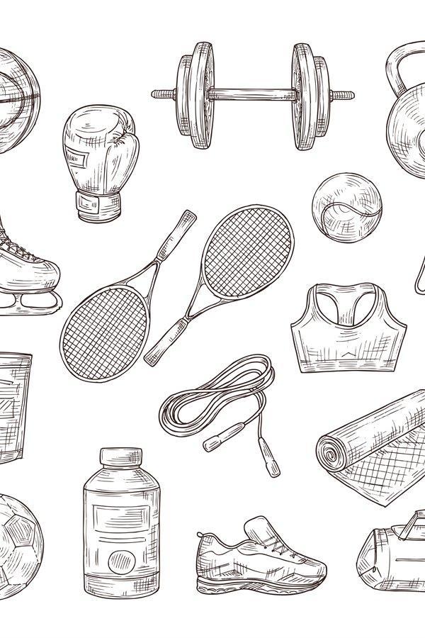 Sketch sports equipment. Ball, dumbbell and tennis rackets,