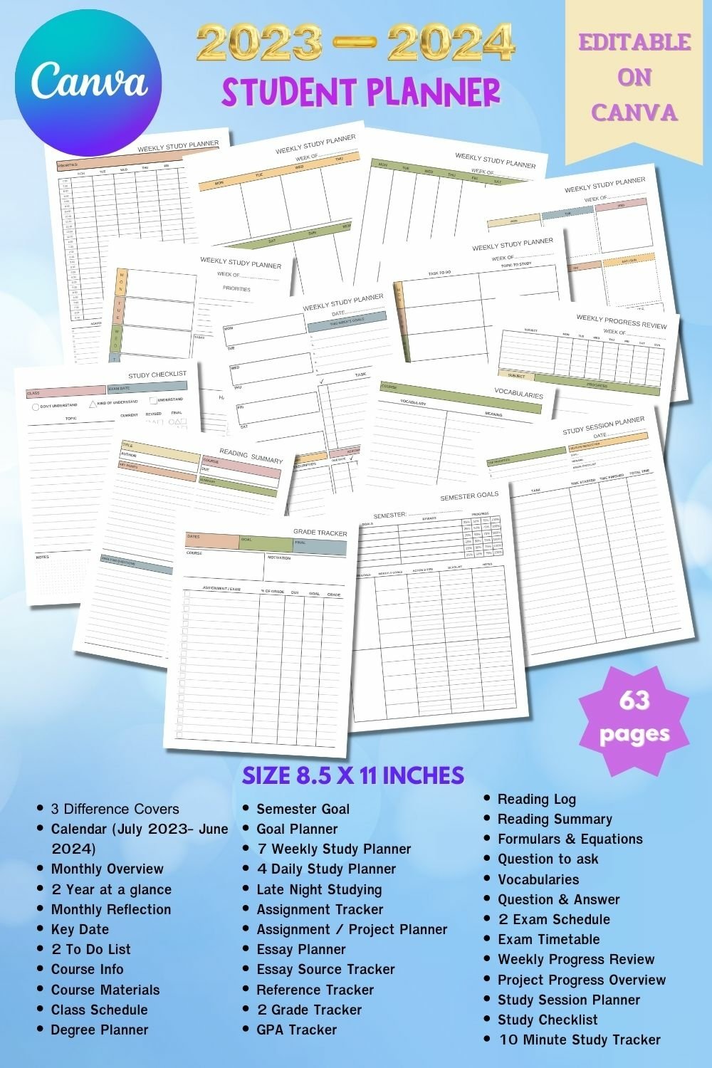 2023-2024 Student Planner Canva Template
