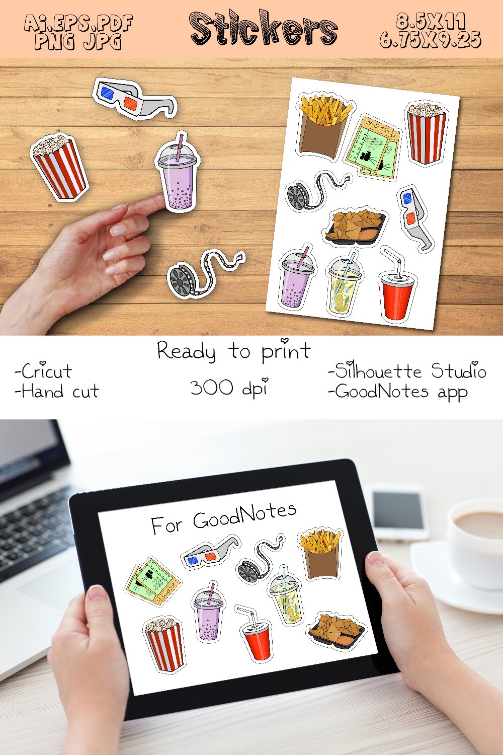 Printable cartoon Stickers Cinema food, For GoodNotes,cricut