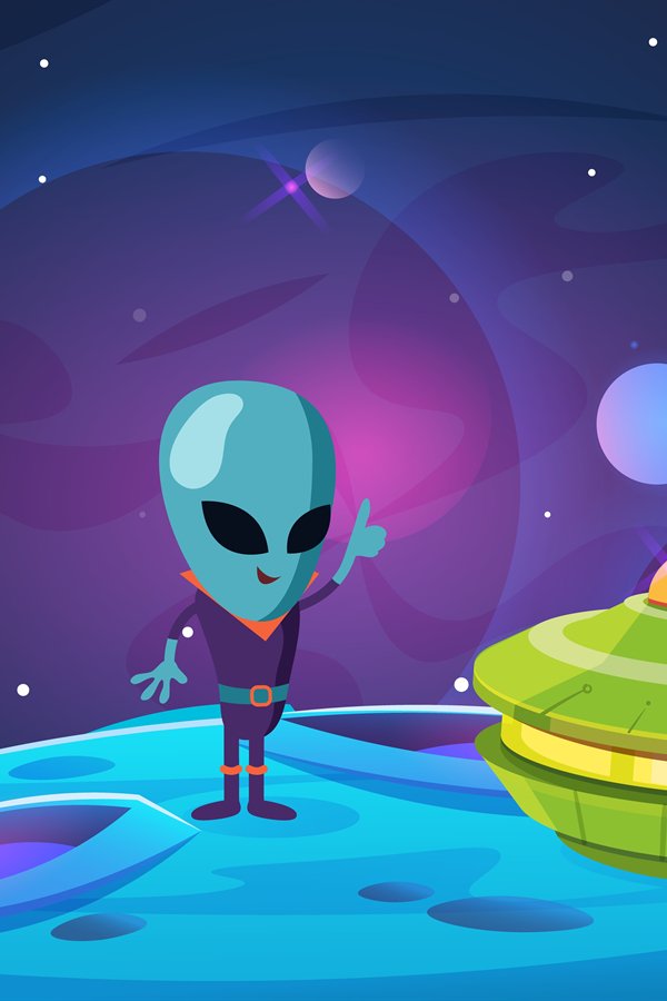 Space colonization background. Alien, ufo character on new p