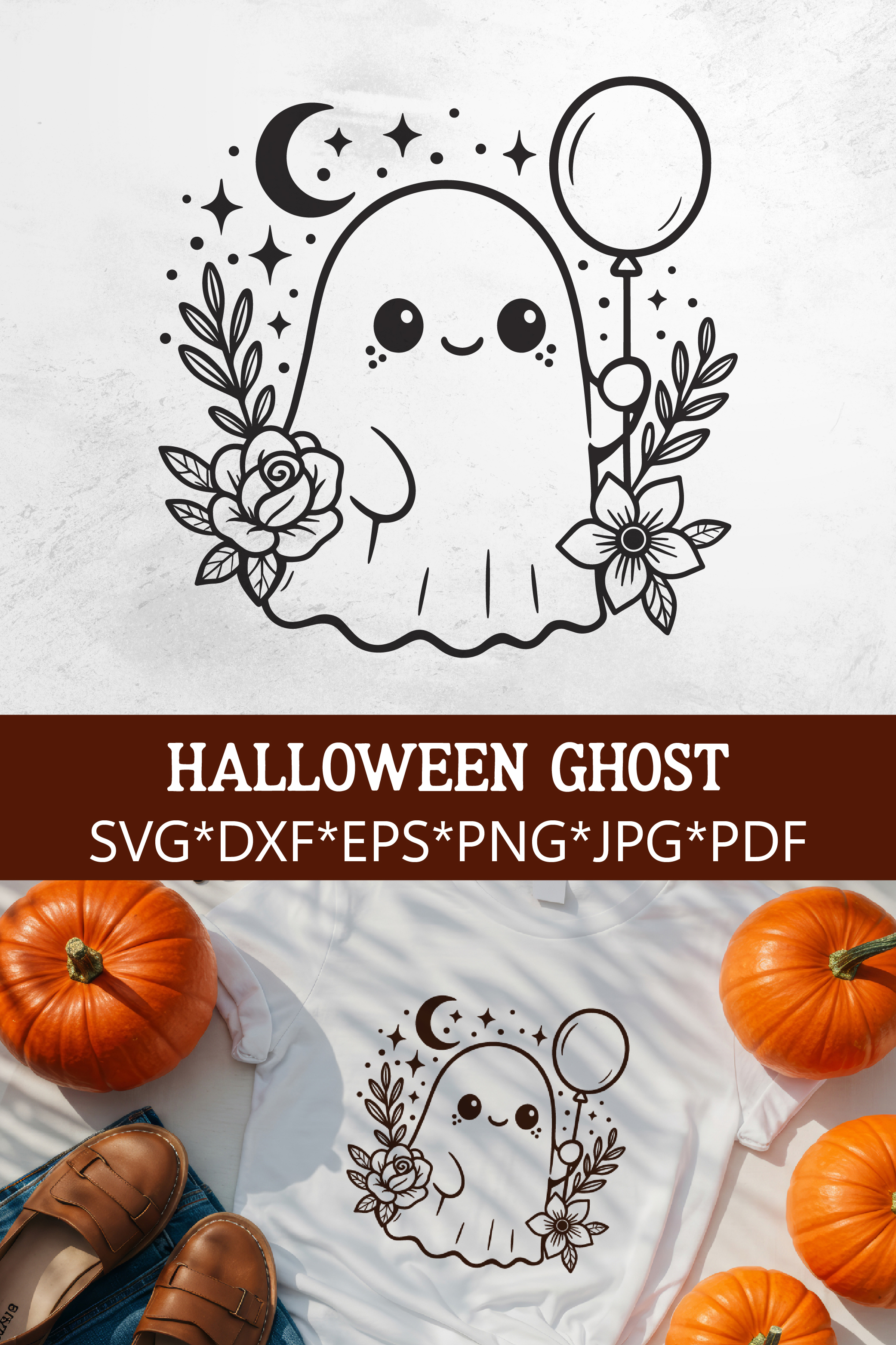 Kawaii Halloween Ghost with Balloon SVG and PNG Clipart