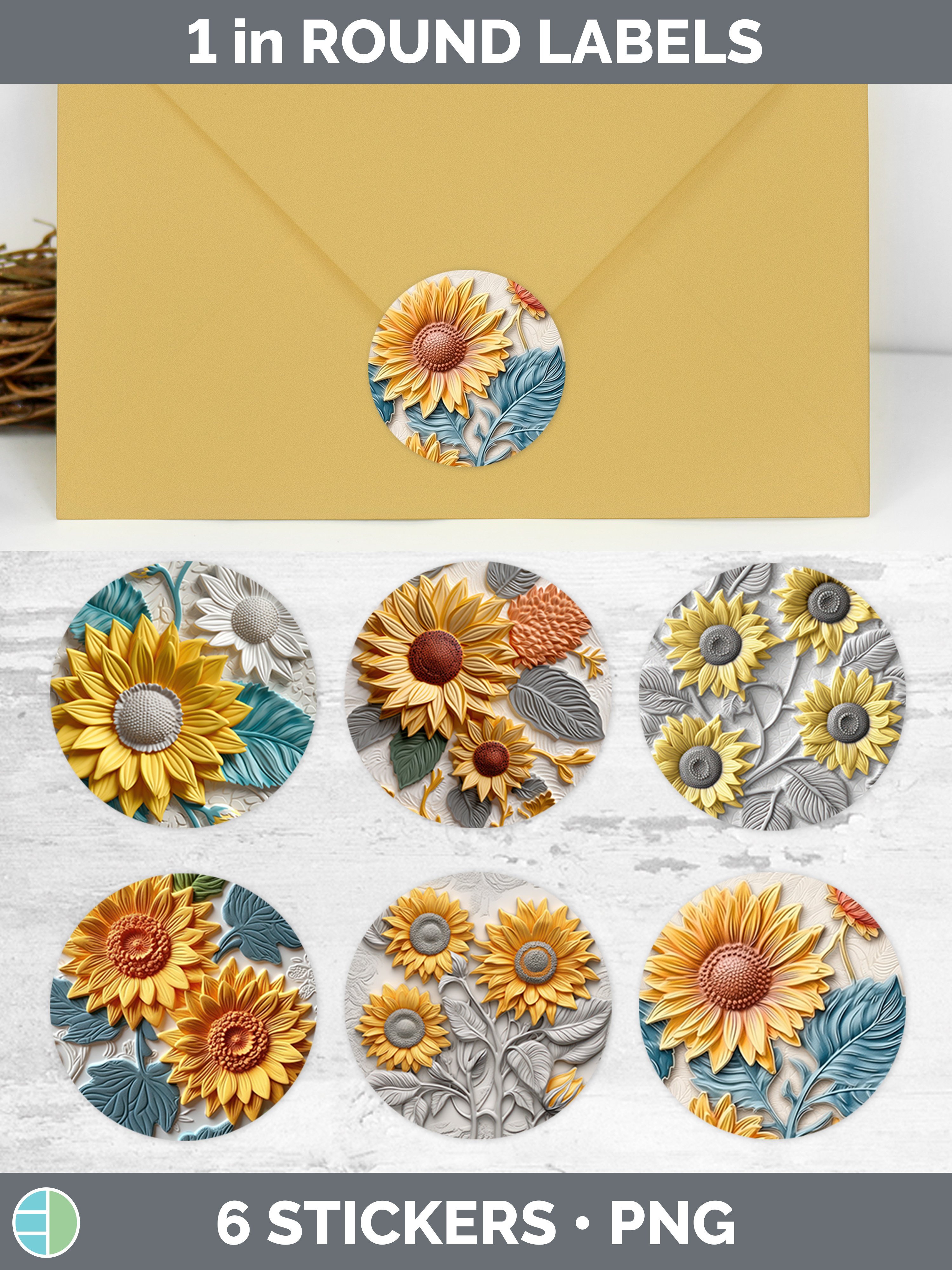 3D Sunflower Flowers Stickers | Round Labels Designs Bundle