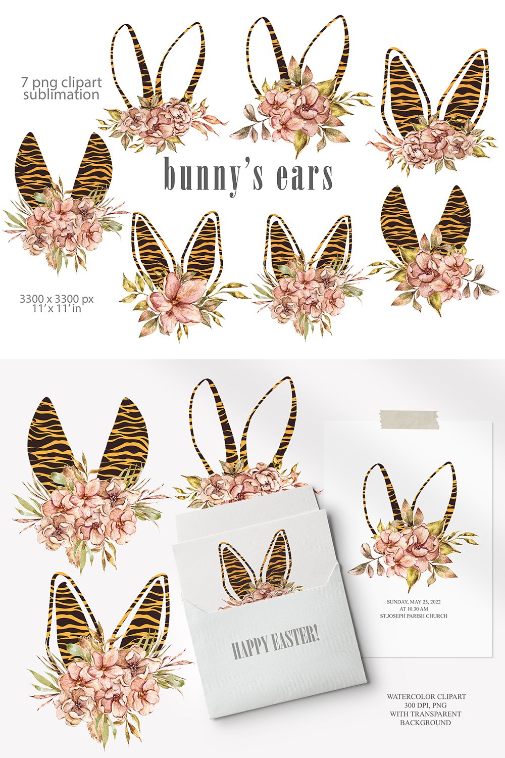 Easter floral bunny ears sublimation - 7 png files