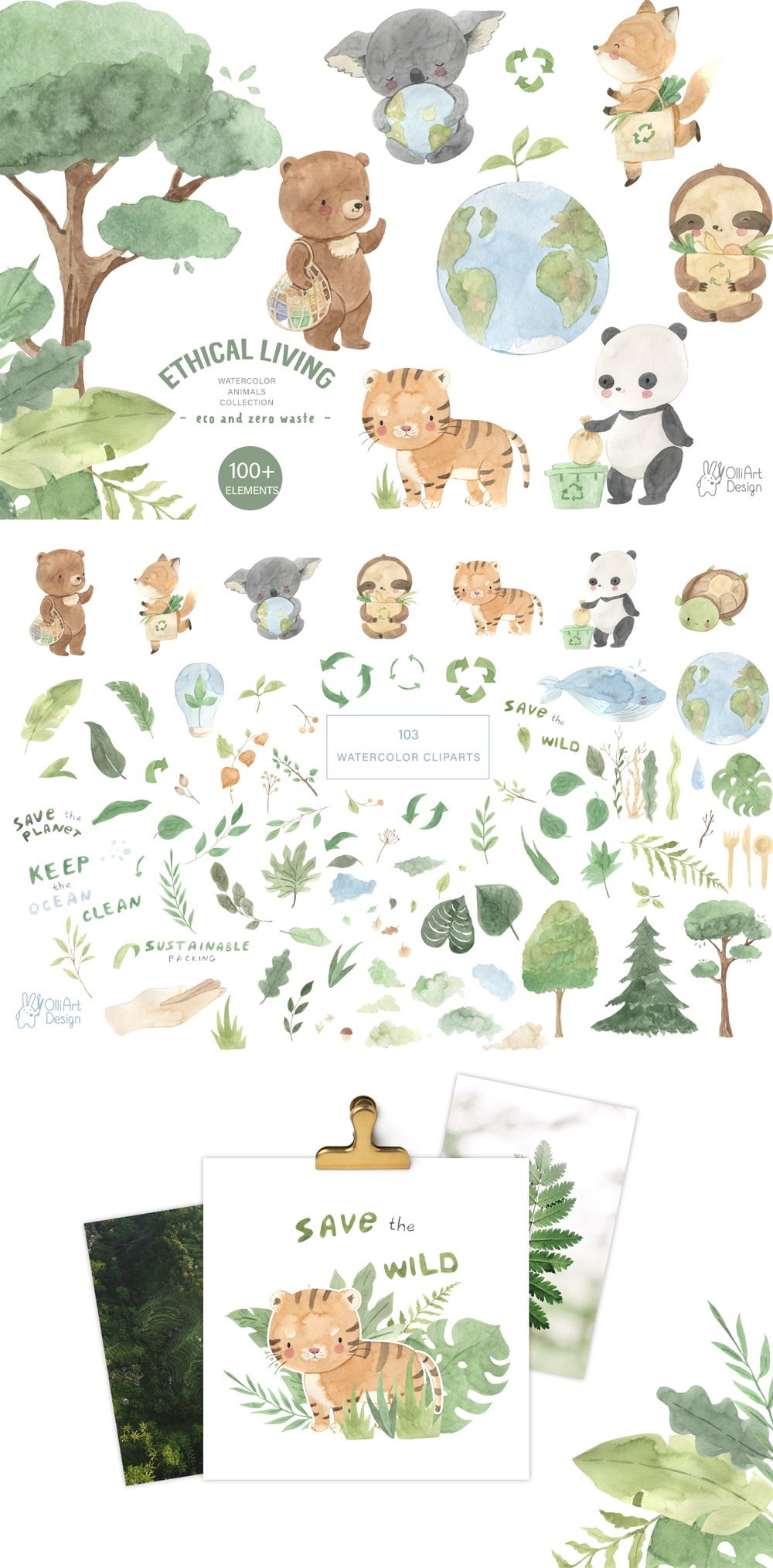 Animals watercolor clipart. Zero waste and eco