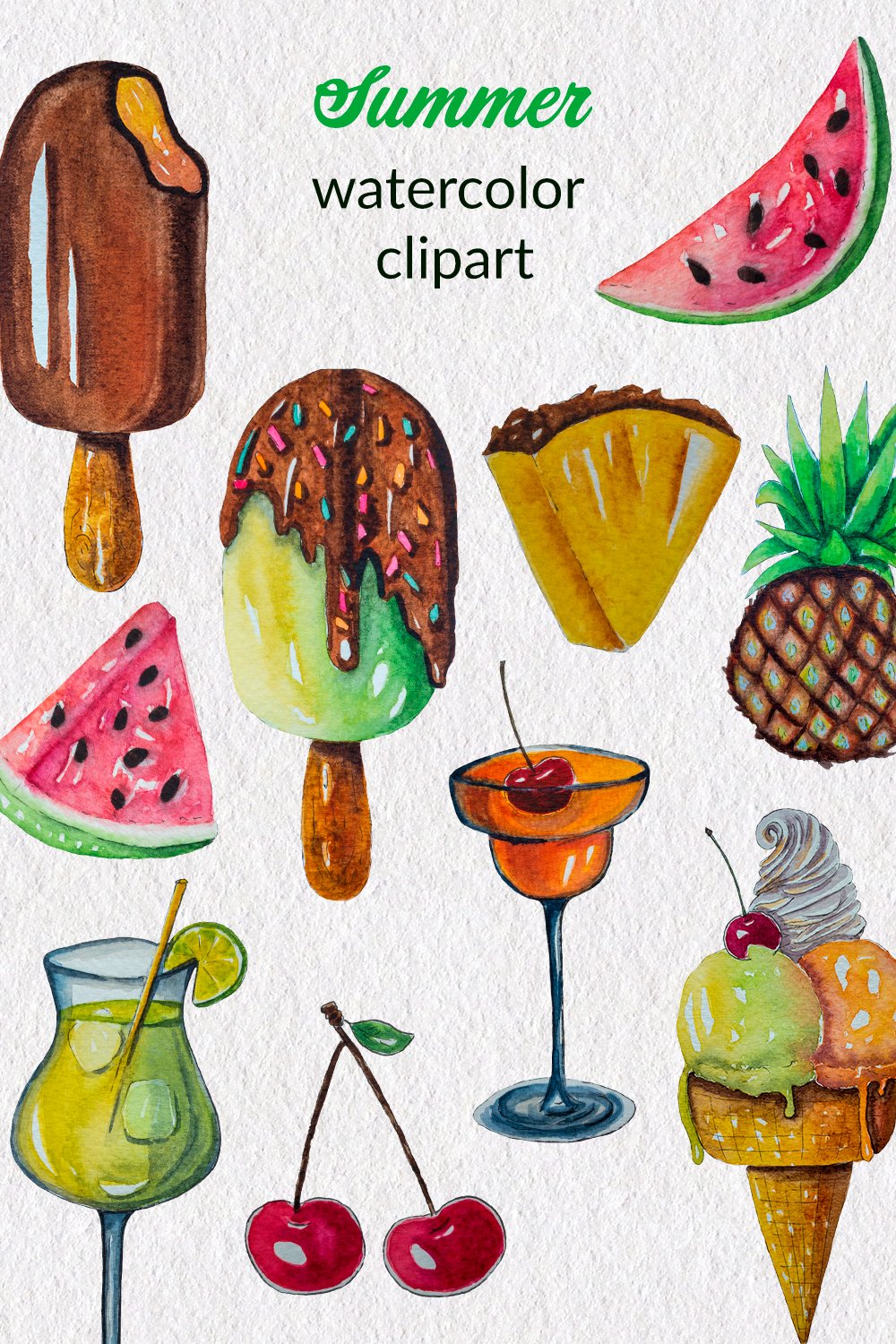 Fruity watercolor summer clipart with ice cream