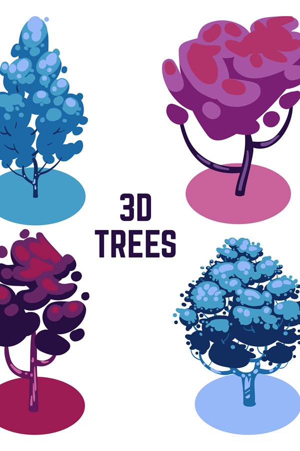 Unusual colors trees collection - trees isolated on white