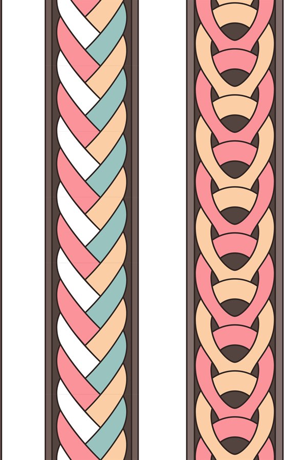 Braid lines. Wicker borders, colored knoted patterns, braide
