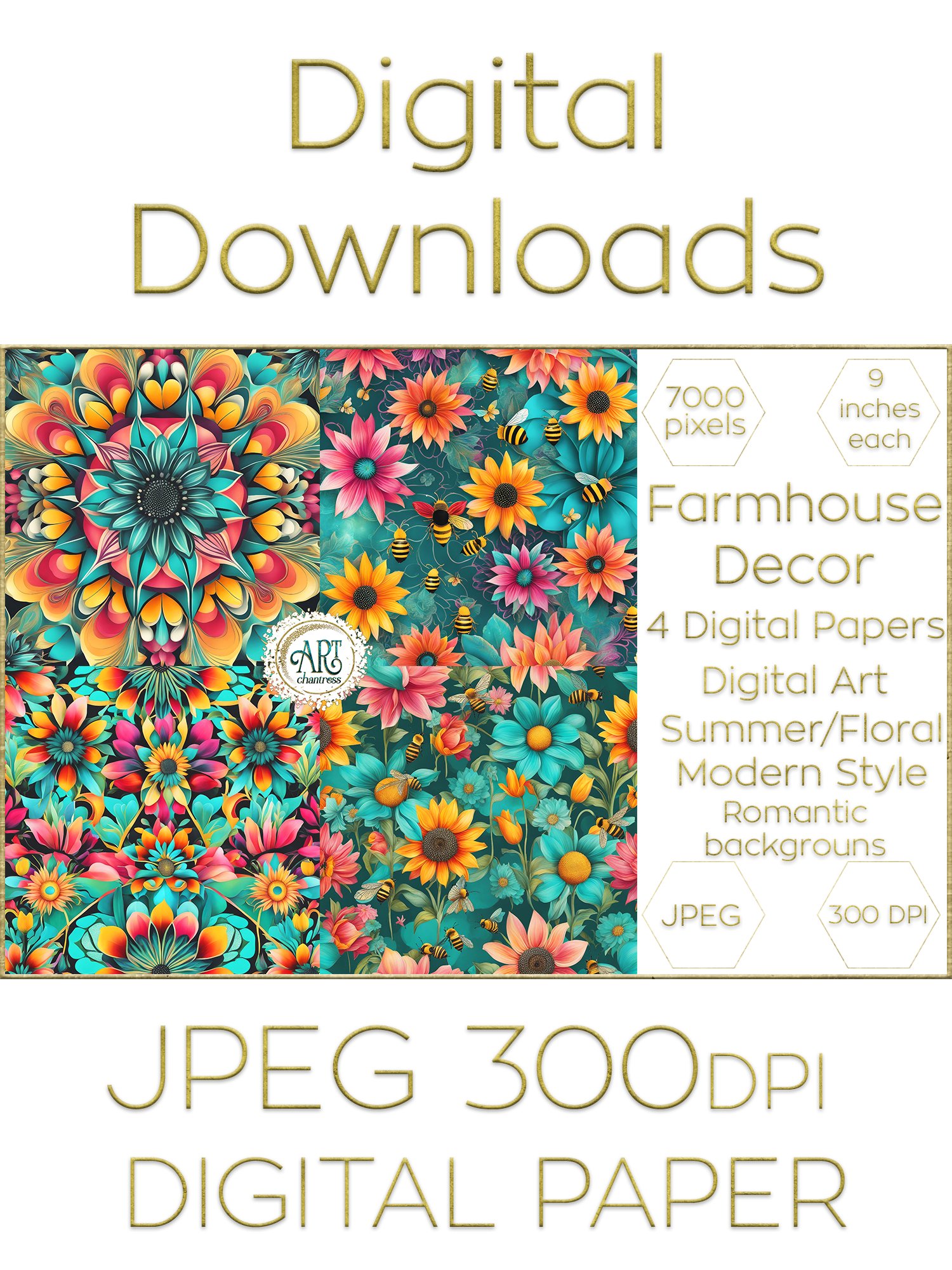 Watercolor Vintage Sunflower Digital Paper (3551128)