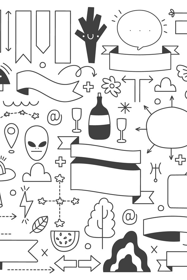 Abstract doodle shapes. Outline hand drawn elements, arrows,