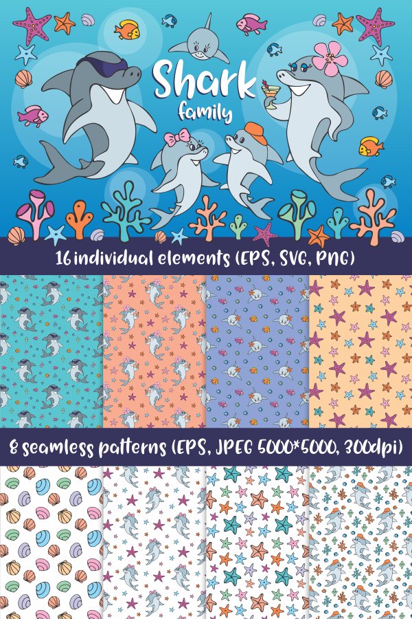 Shark family. Vector clip art and seamless patterns.