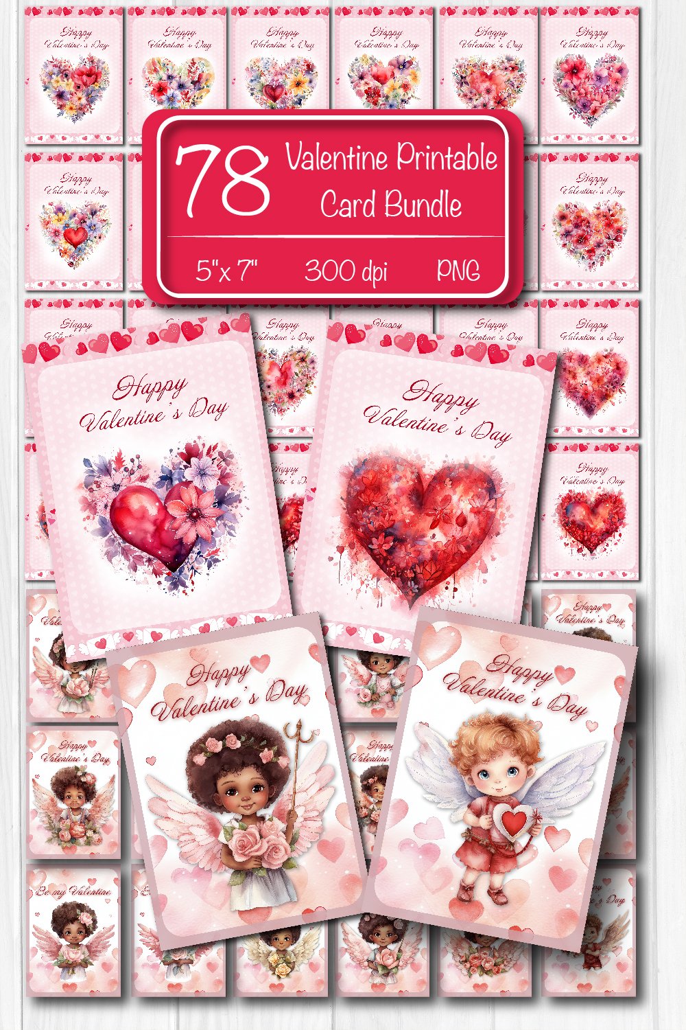 Printable Valentine card Bundle Watercolor Postcard png