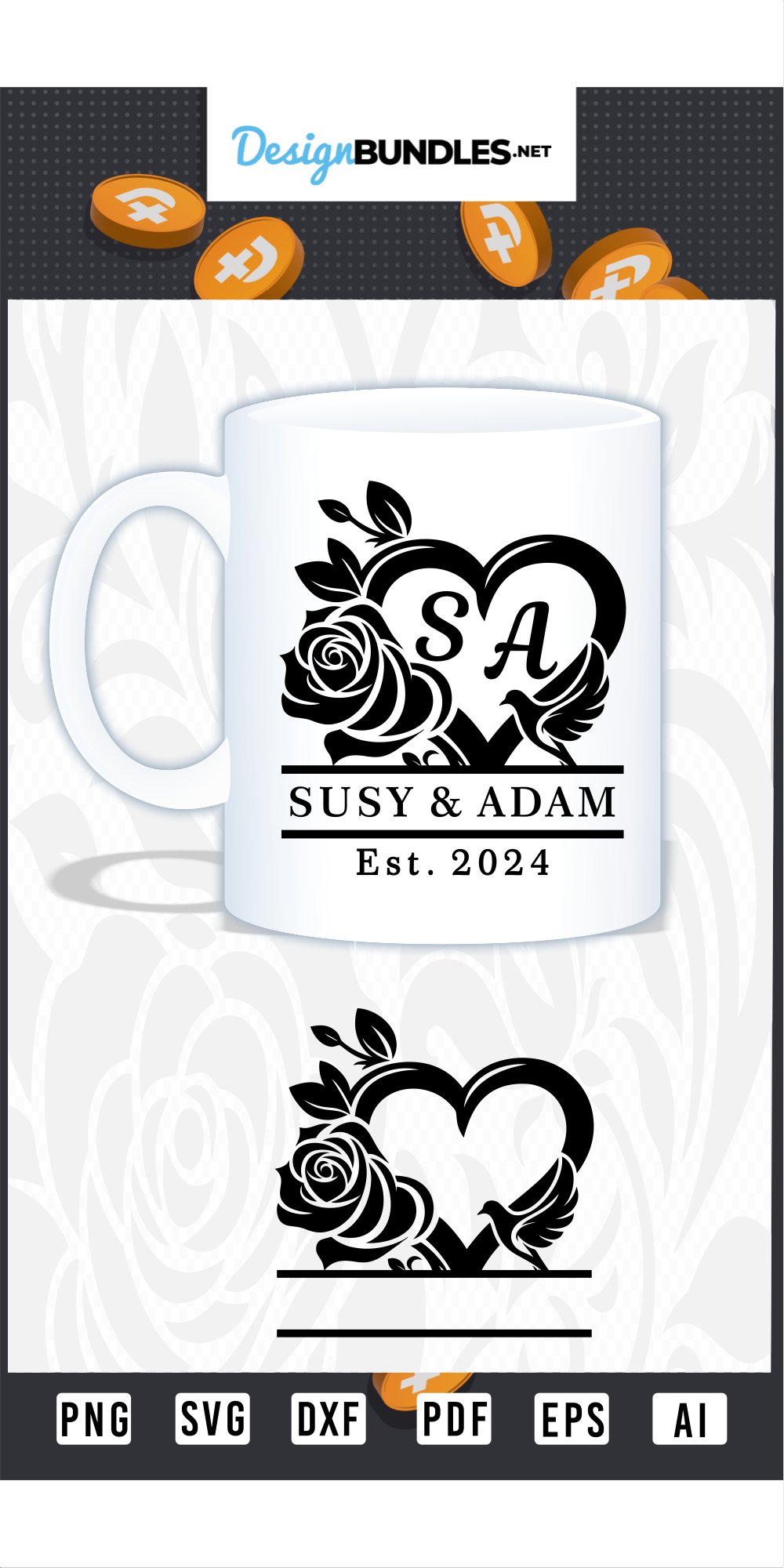 Love Heart with Rose Split Monogram, Wedding SVG, Valentine