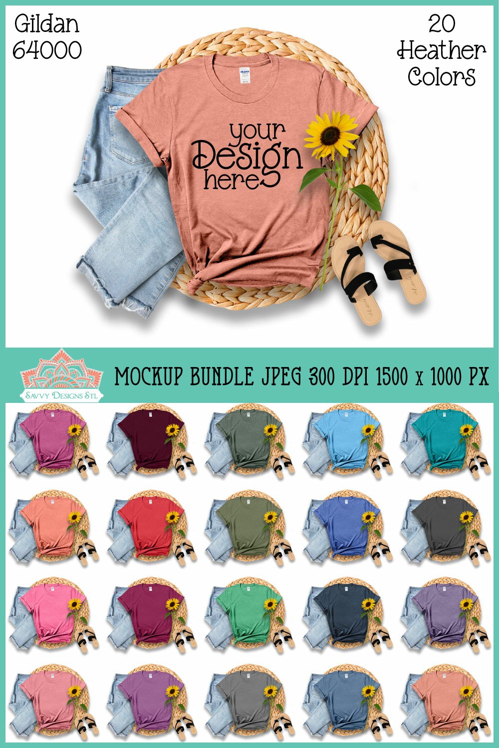 Gildan 64000 Heather Colors Styled Shirt Mockup Bundle
