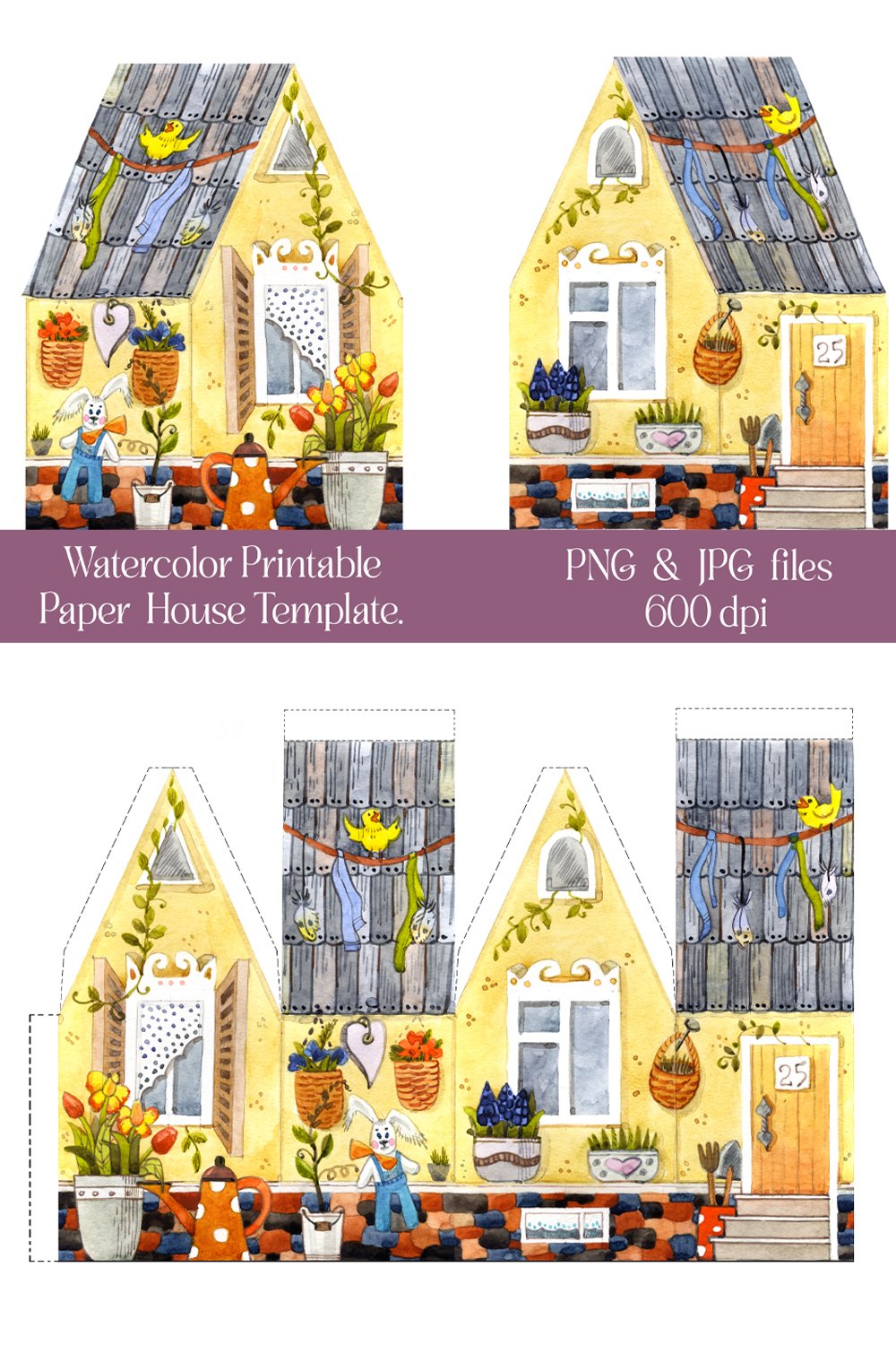Watercolor Printable Paper House Template
