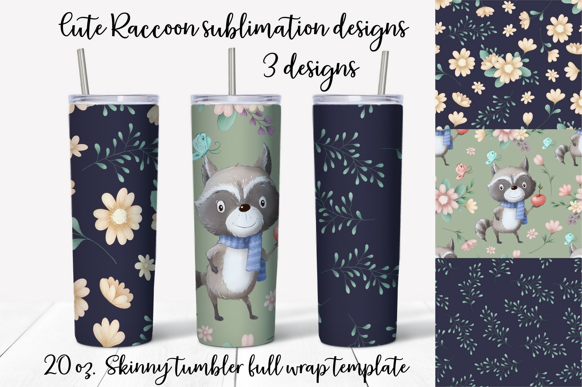 Cute Raccoon sublimation design Skinny tumbler wrap design