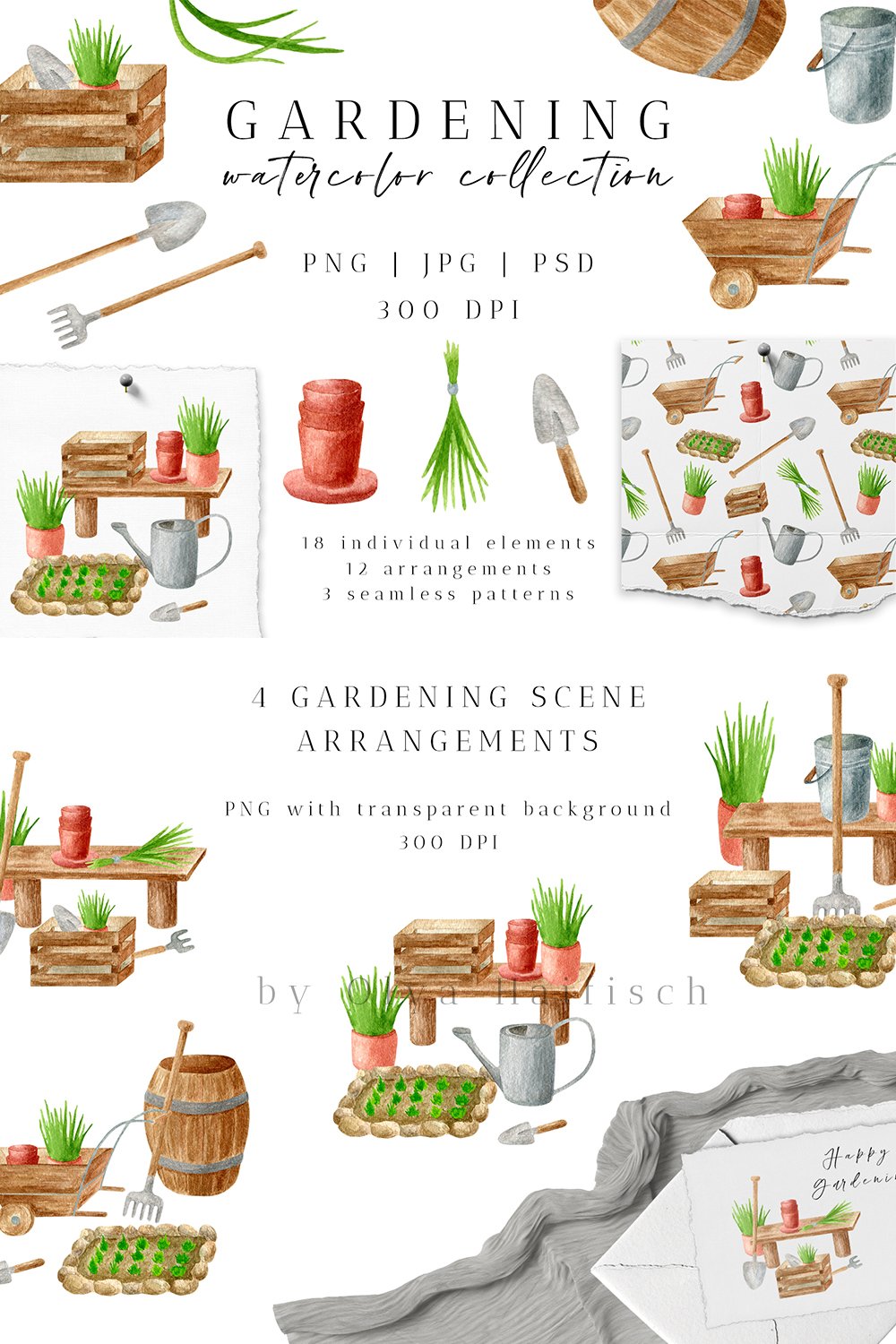 Gardening Watercolor Clipart. Spring Garden Tools PNG Set