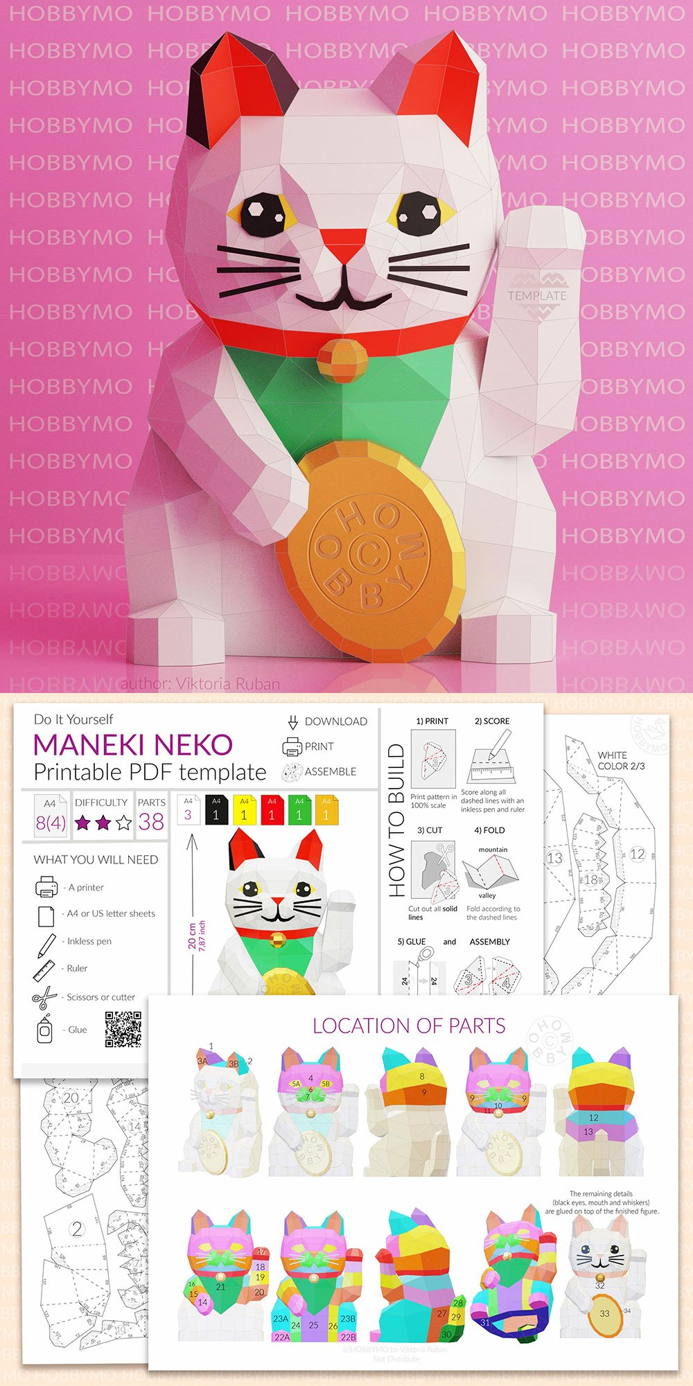 DIY Paper Maneki Neko, Lucky cat, 3D Papercraft (3486522)