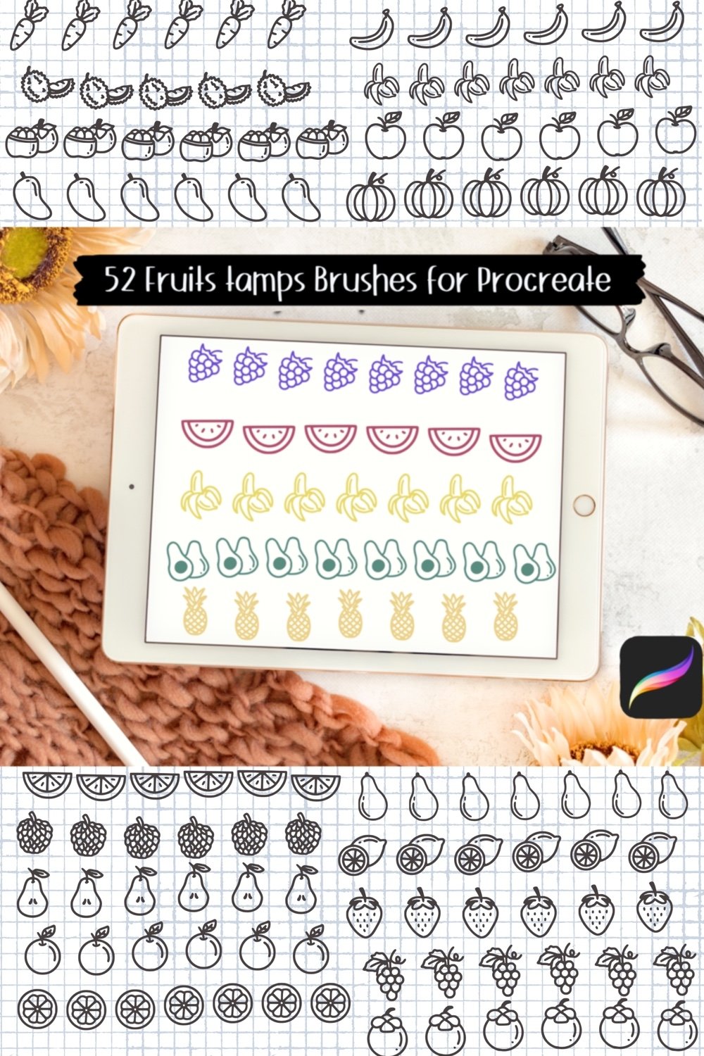 Set of 52 Fruits stamp brushes for Procreate