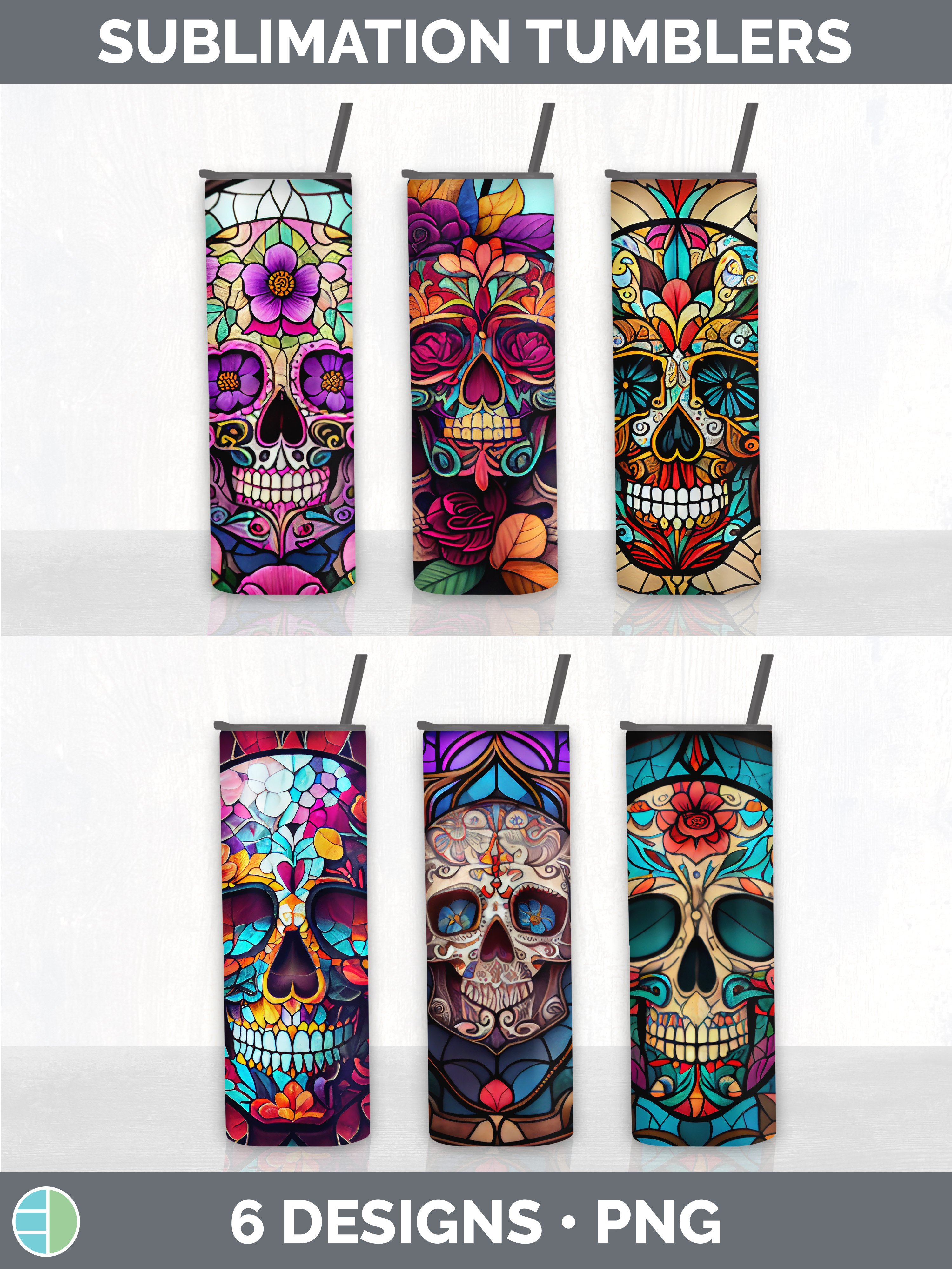 Stained Glass Sugar Skulls Tumbler | Sublimation 20 oz Skinn