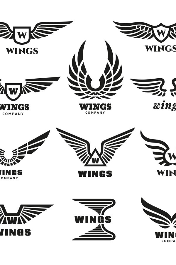 Wings logo set. Modern wing emblems, aviation labels. Abstra