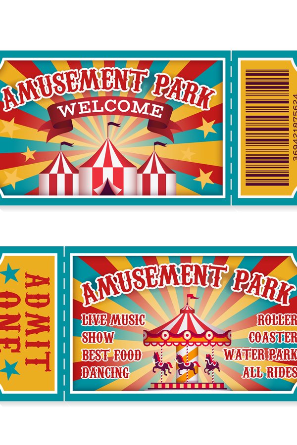 Amusement park ticket. Family park attractions admission tic