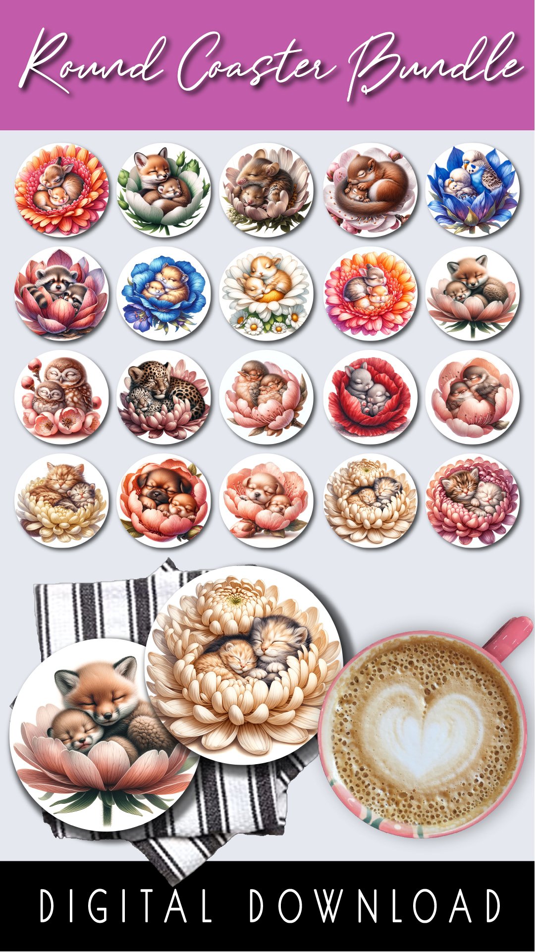 Mothers Day Coaster Bundle, Baby Animals Round Coaster PNG