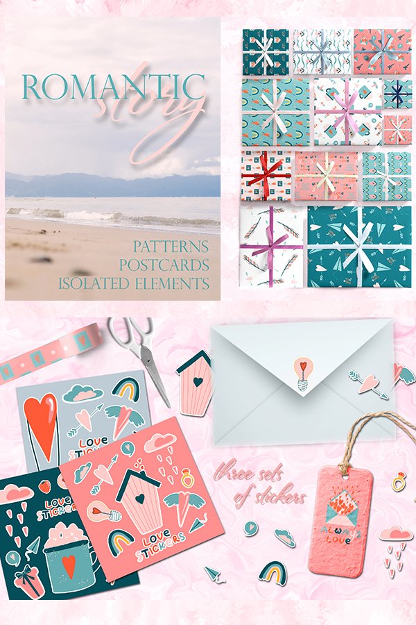 sticker pack with love symbols and lettering