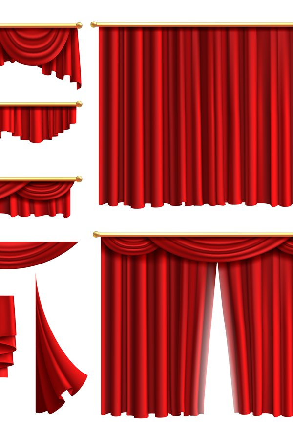 Red curtains. Set realistic luxury curtain cornice decor dom
