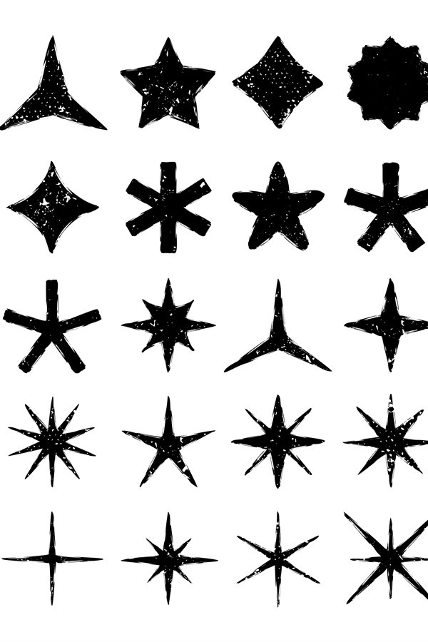 Grunge stars. Hand drawn star, starry doodle and textured fa