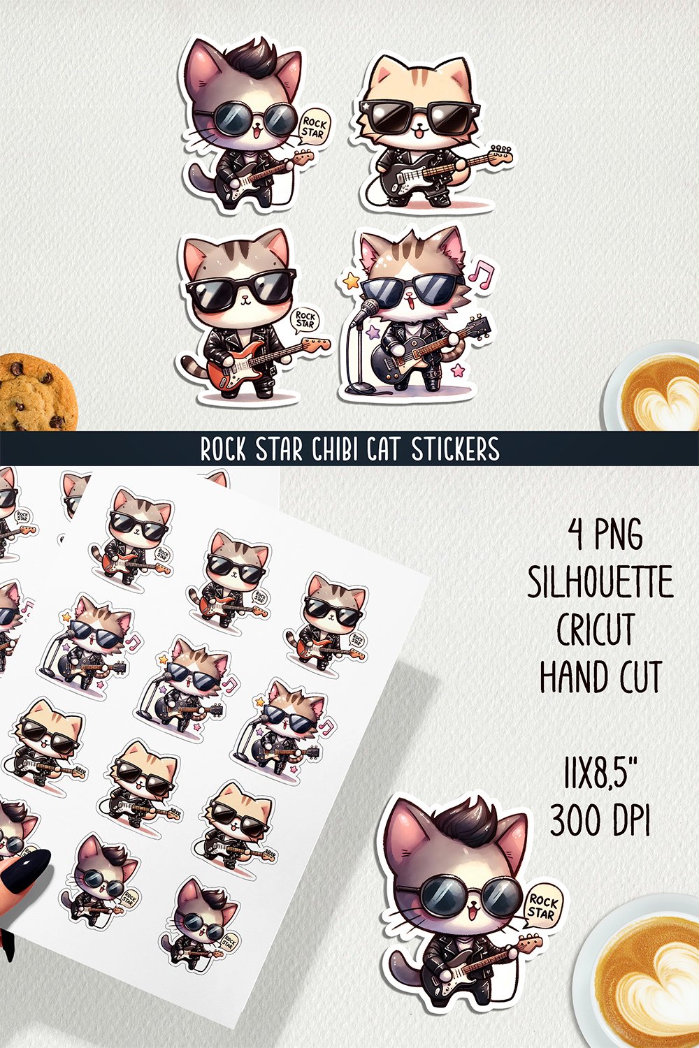 Rock star chibi cat stickers. PNG, JPG. (3276900)