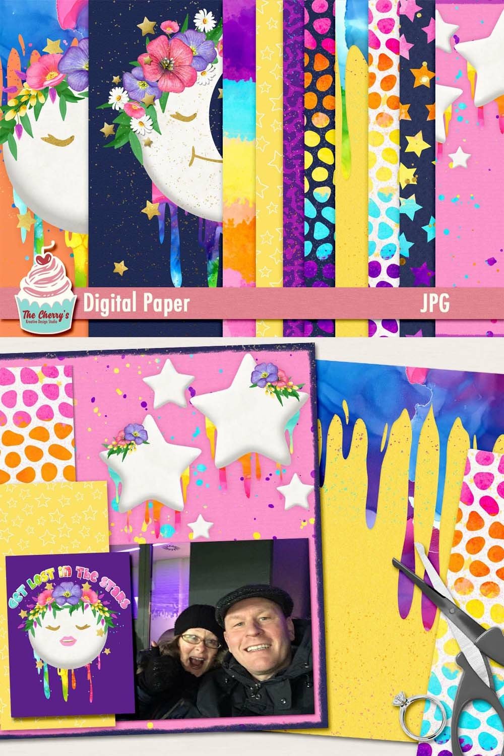 Rainbow Watercolour Sun Moon and Stars Scrapbook Paper