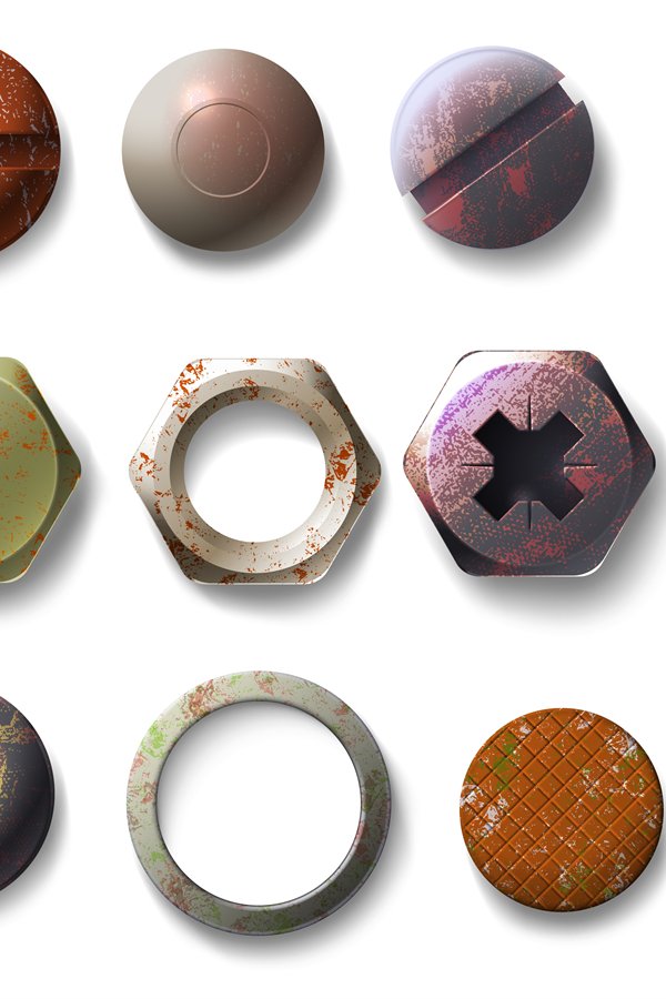 Realistic old rusty screw and bolt heads top view. Metal rou