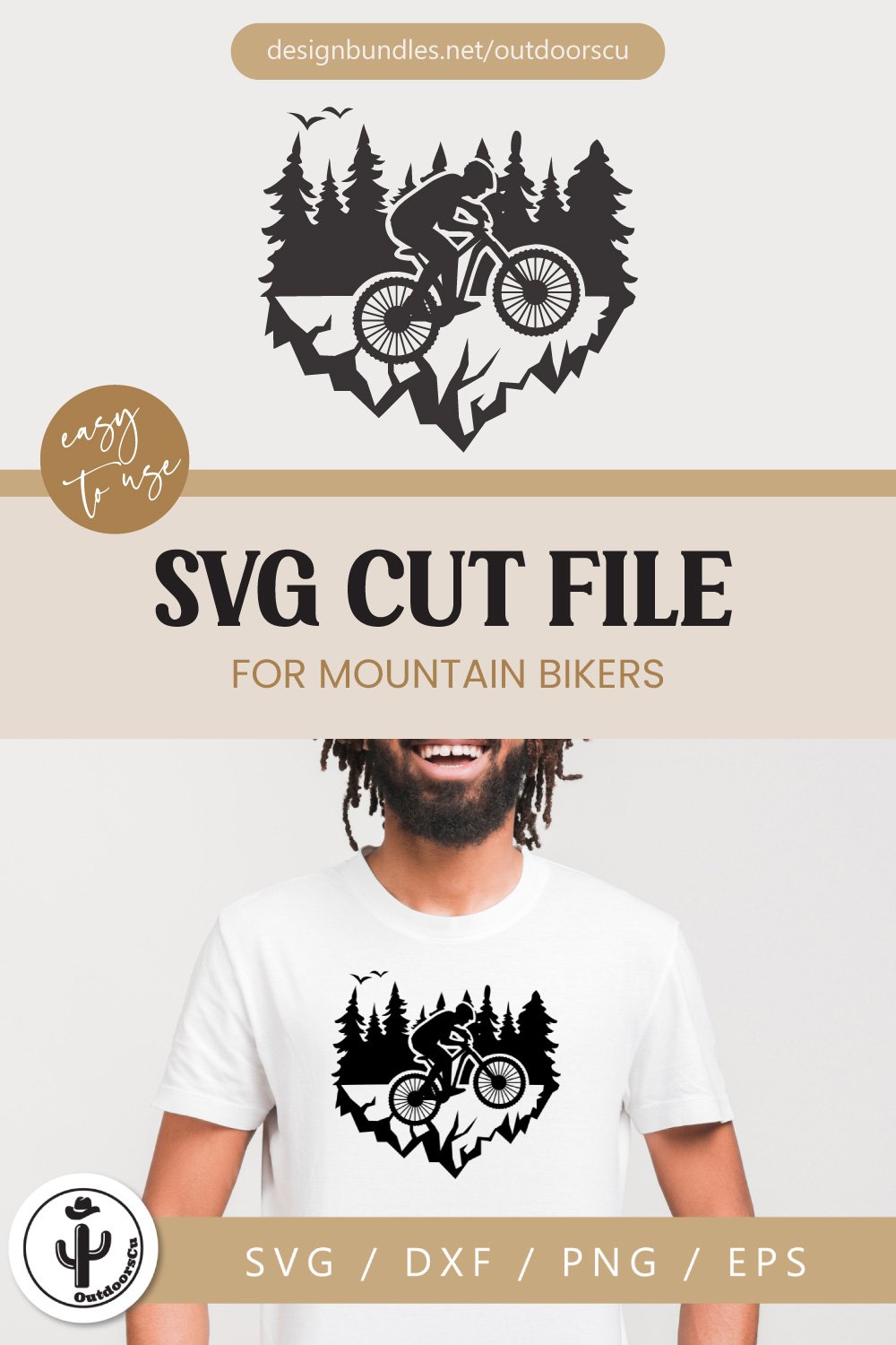 MTB Rider SVG with pine forest landscape silhouette