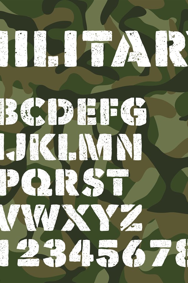 Old military alphabet, bold letters and numbers on army gree