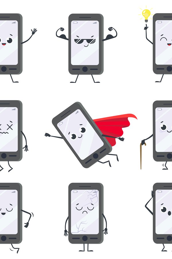 Cartoon smartphone character. Mobile phone mascot with hands