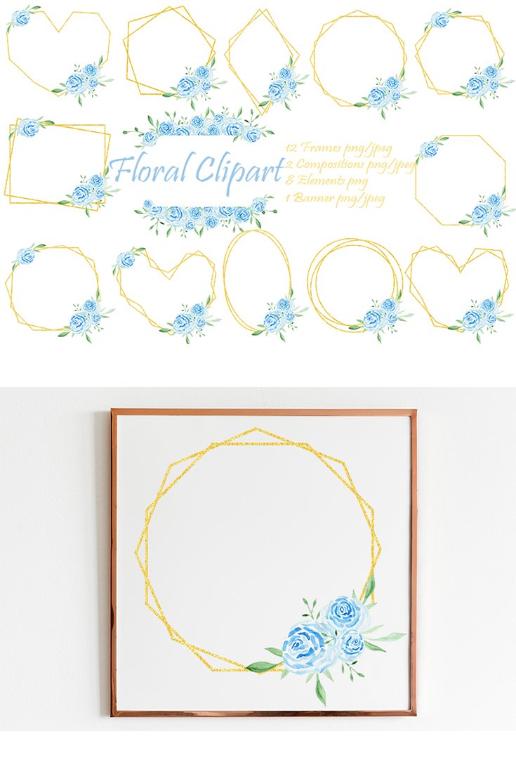 Frames gold flowers. Floral clipart. Watercolor (1300918)