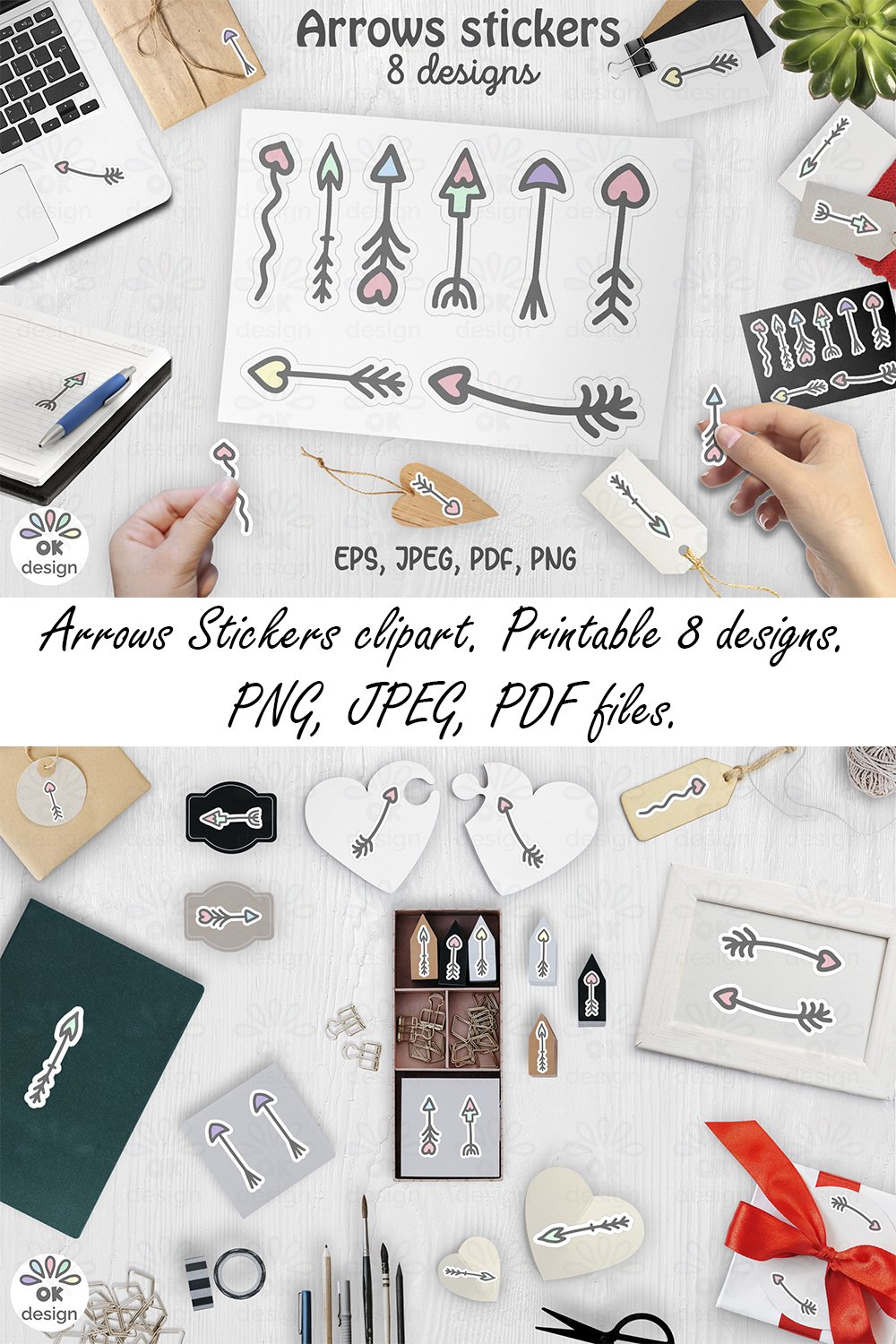 Arrows Stickers. Printable 8 designs. PNG, JPEG, PDF