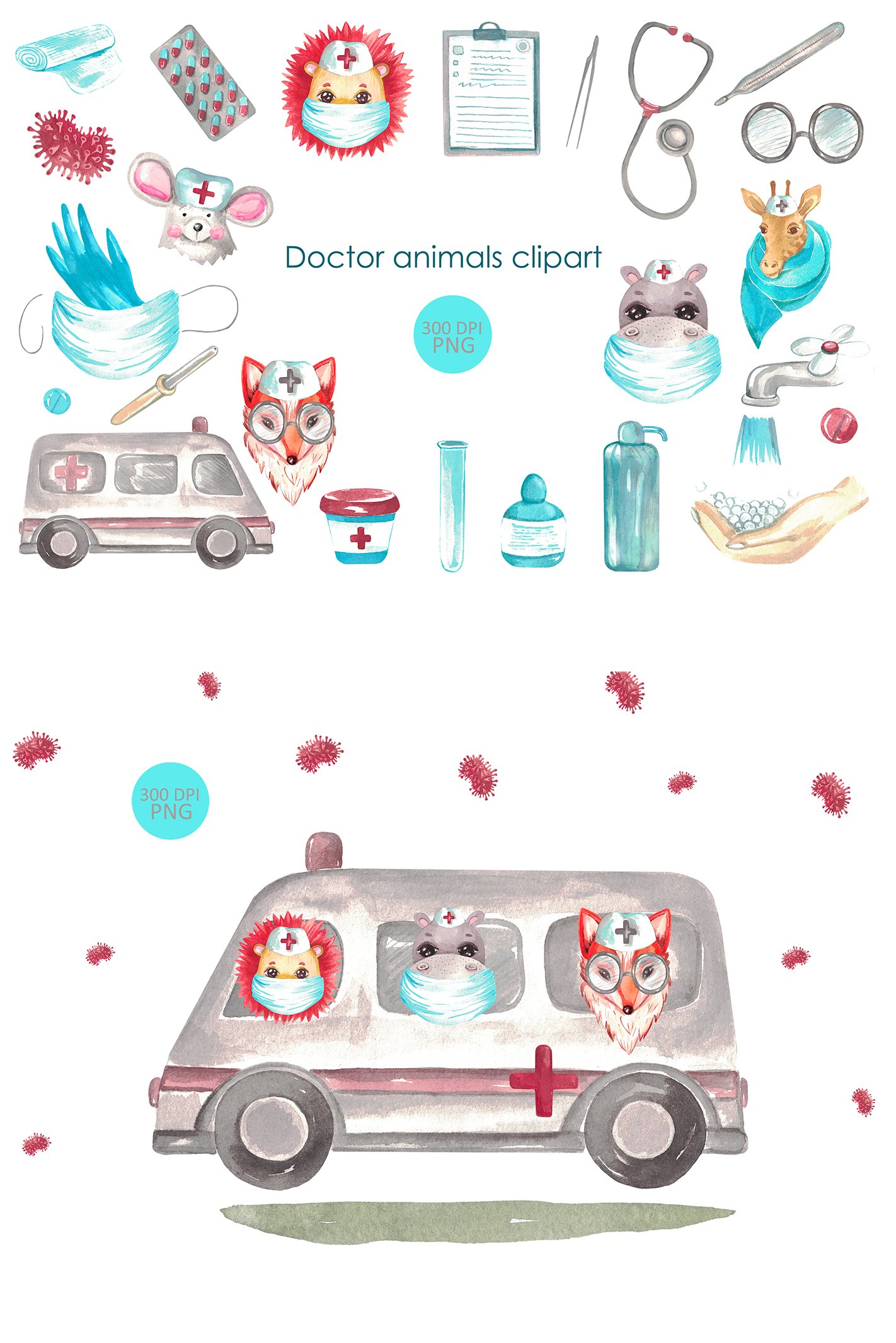 Cute doctor animals clipart. Watercolor medical set