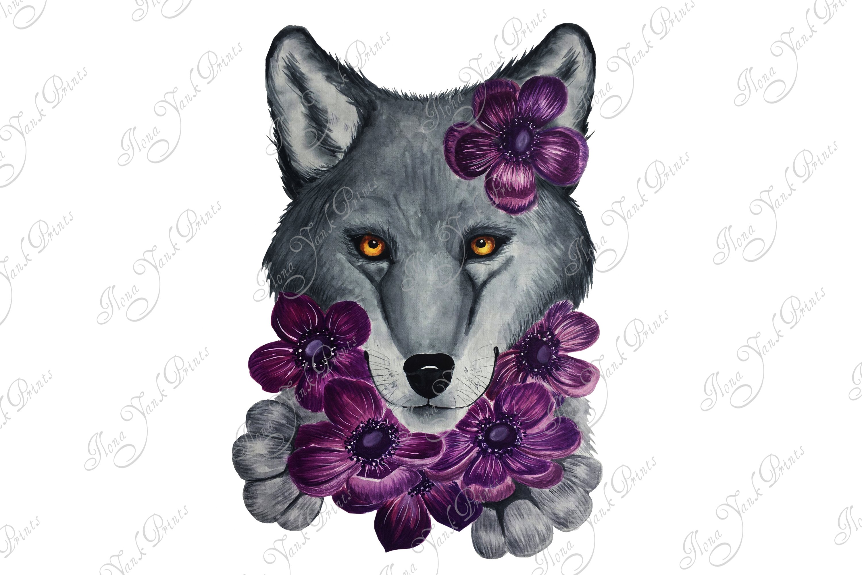 Gray wolf sublimation png, Wolf with anemones t-shirt design